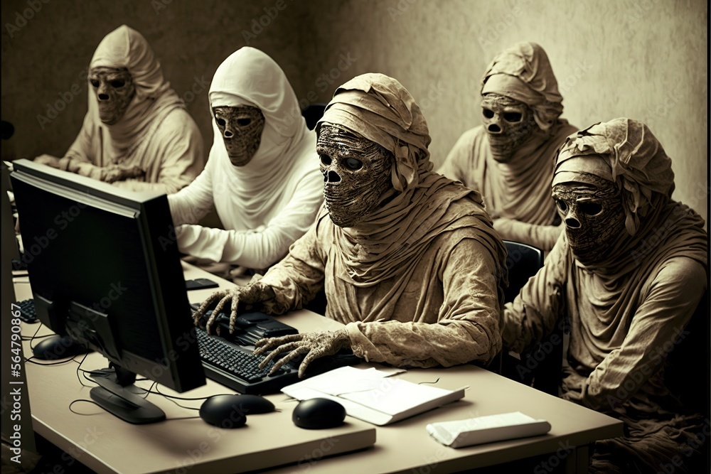 Group of mummies working on computers in the office, new technology in ...