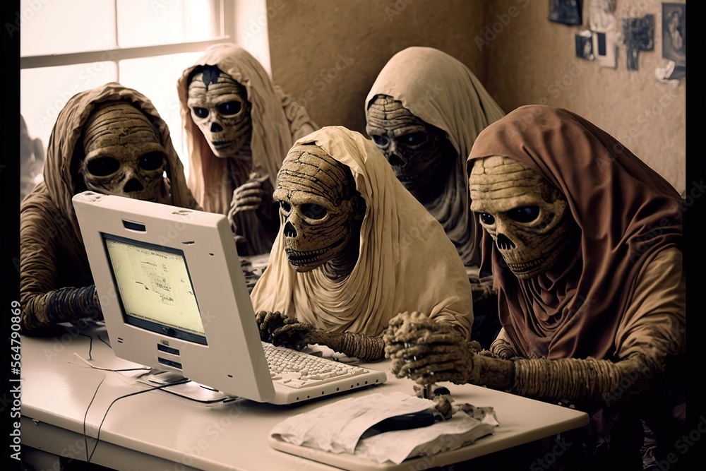 Group of mummies working on computers in the office, new technology in ...