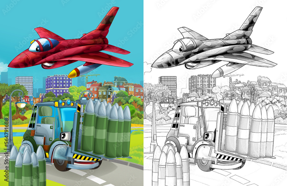 cartoon scene with military army different duty vehicles on the road ...