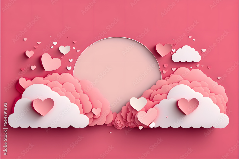 pink sky and paper cut clouds. Place for text. Happy Valentine's day ...
