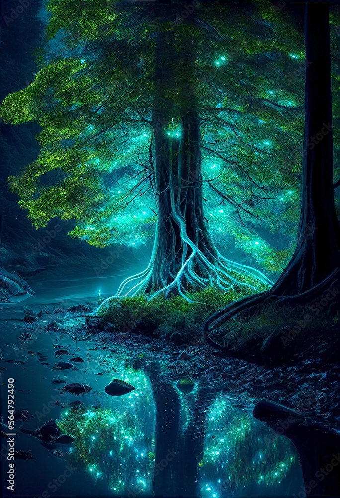 Ai generated. Magic nature glowing in the dark. Mysterious enchanted forest concept at night. A ...