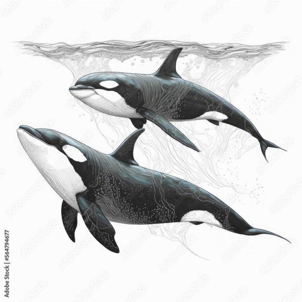 Two orcas isolated on white background - hand drawn Stock Illustration ...