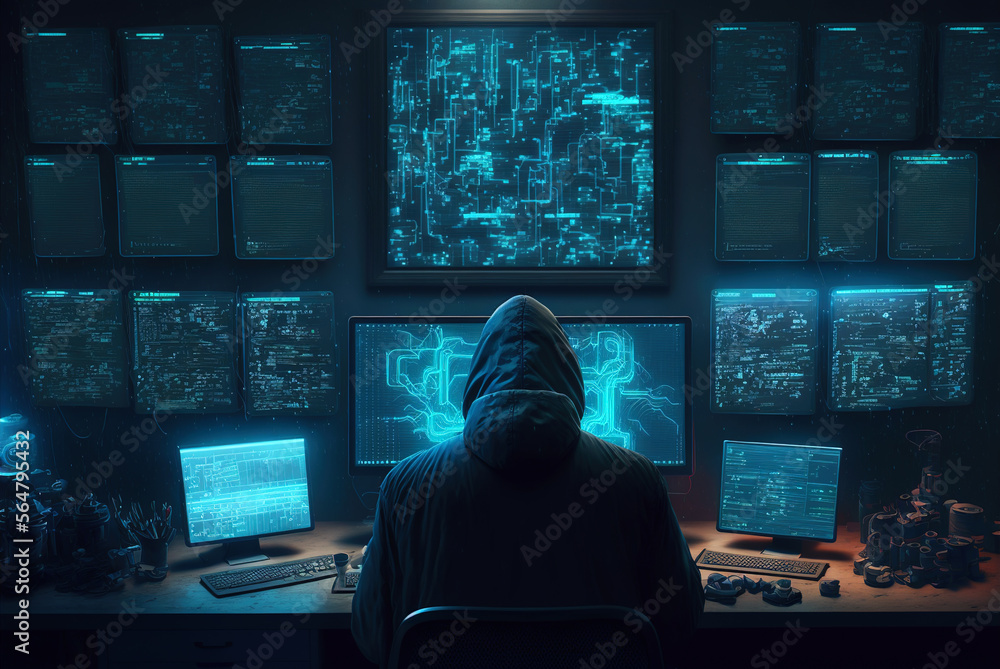 Hacker works in dark room, man uses computers with many monitors ...
