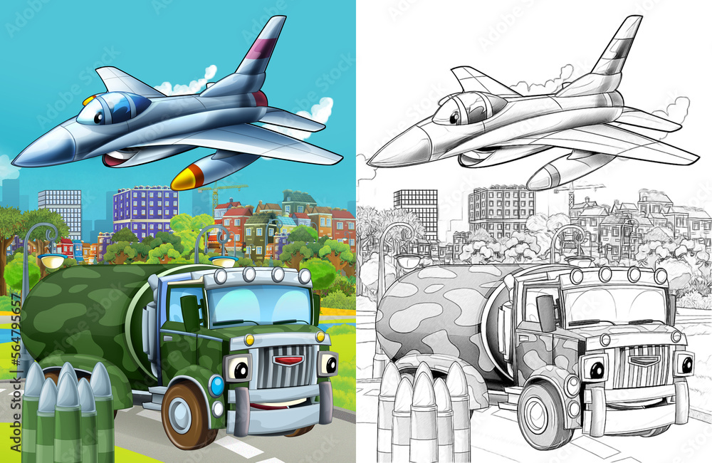 cartoon scene with military army different duty vehicles on the road ...