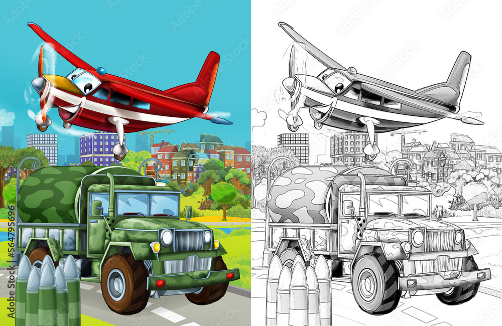 cartoon scene with military army different duty vehicles on the road ...