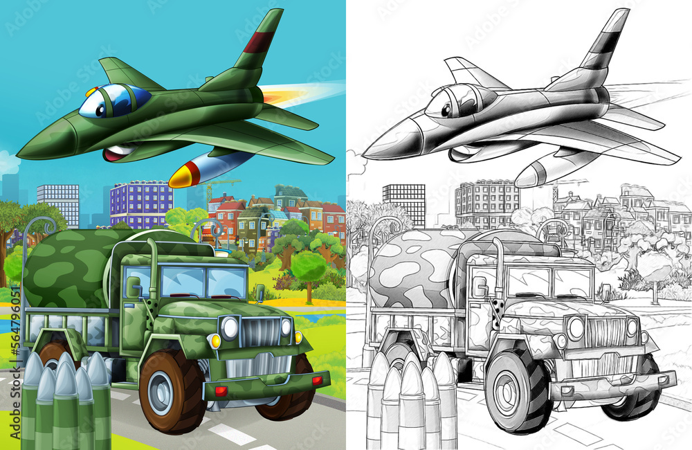 cartoon scene with military army different duty vehicles on the road ...