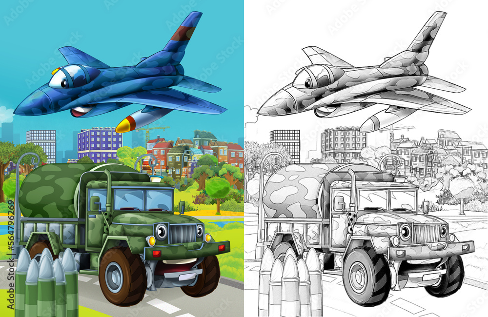 cartoon scene with military army different duty vehicles on the road ...