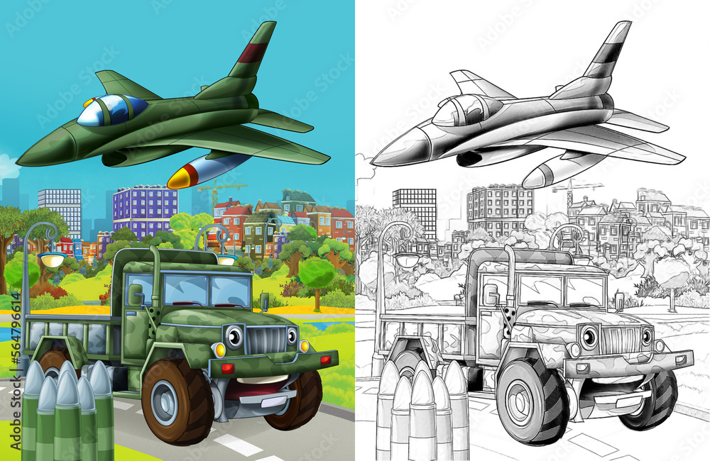 cartoon scene with military army different duty vehicles on the road ...