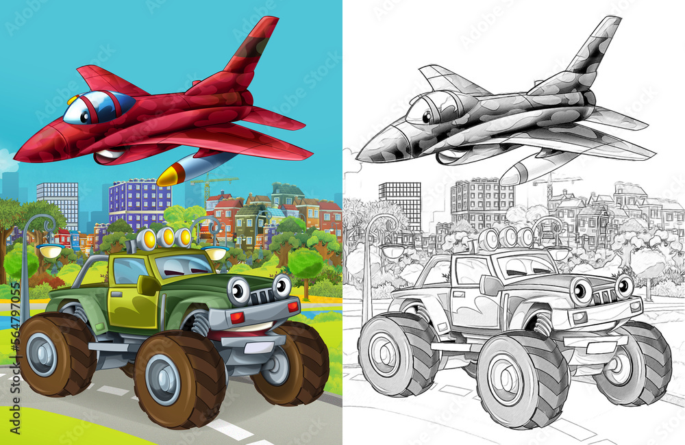 cartoon scene with military army different duty vehicles on the road ...
