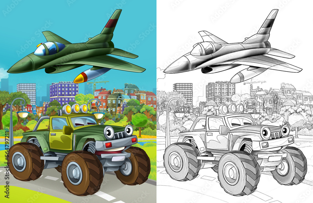 cartoon scene with military army different duty vehicles on the road ...