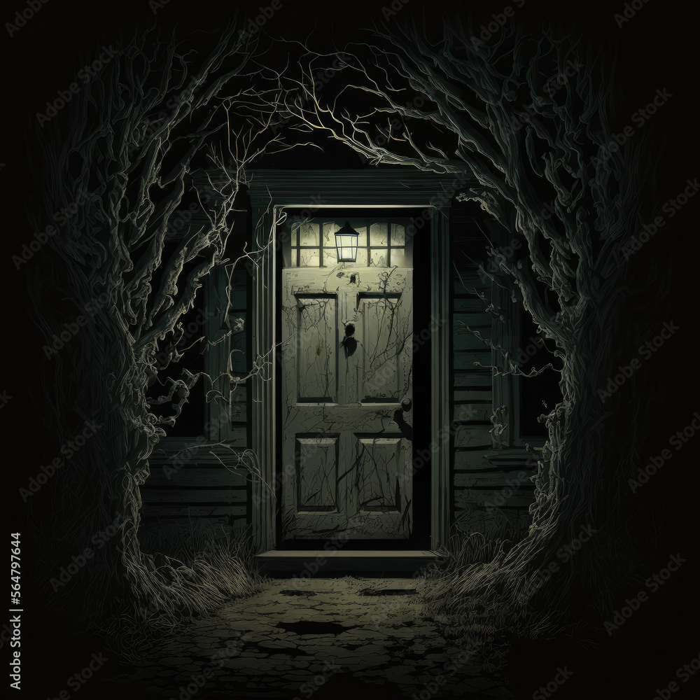 Creepy haunted door in the night with spooky dead trees, Stock ...
