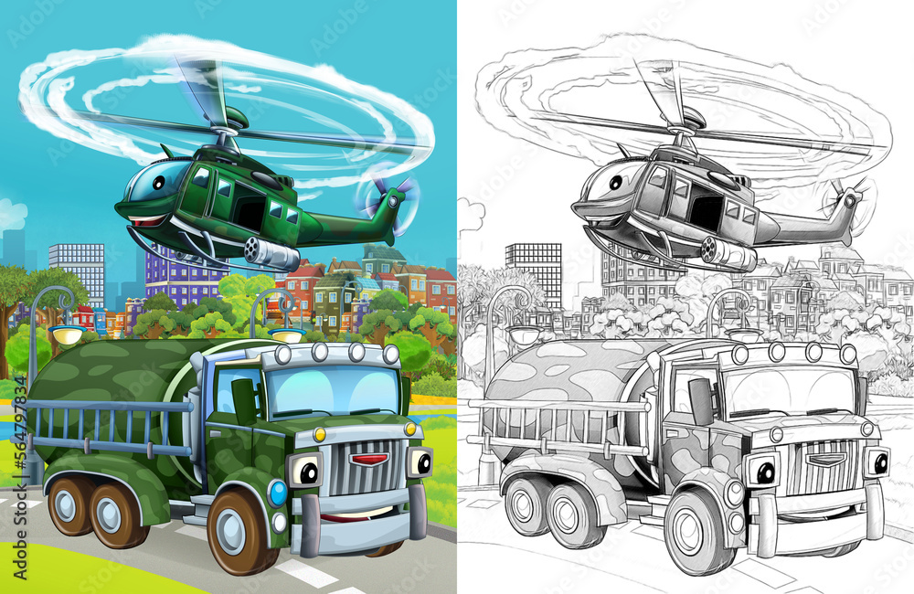 cartoon scene with military army different duty vehicles on the road ...