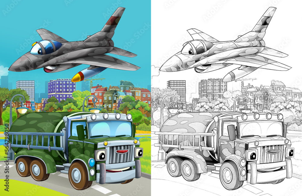 cartoon scene with military army different duty vehicles on the road ...