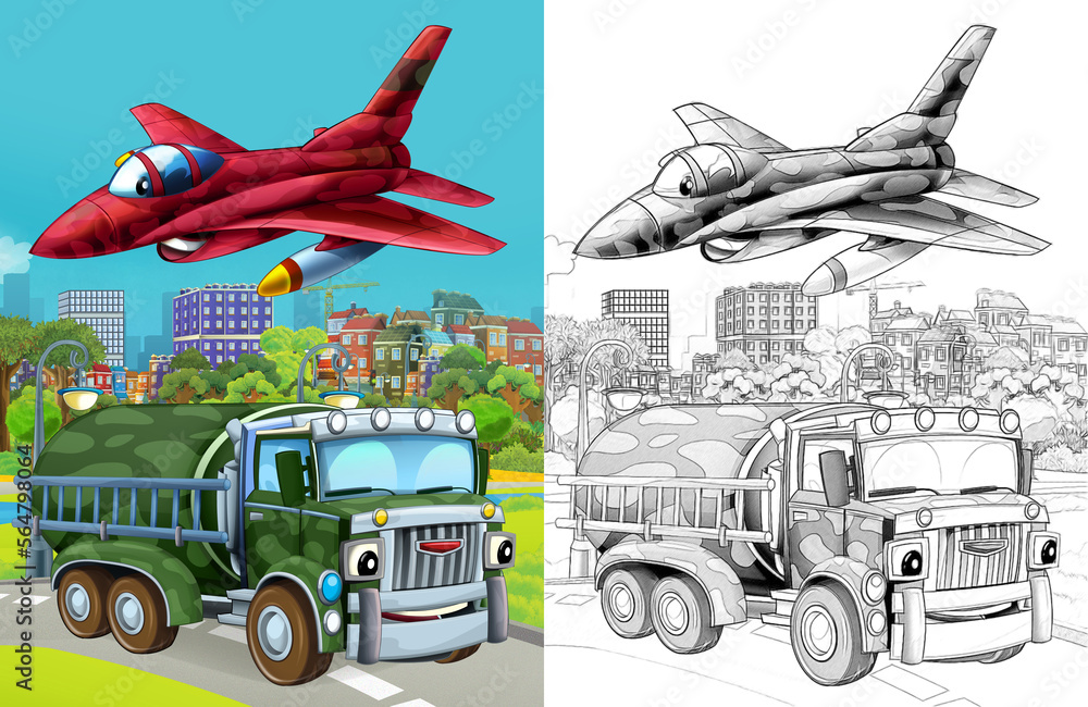 cartoon scene with military army different duty vehicles on the road ...