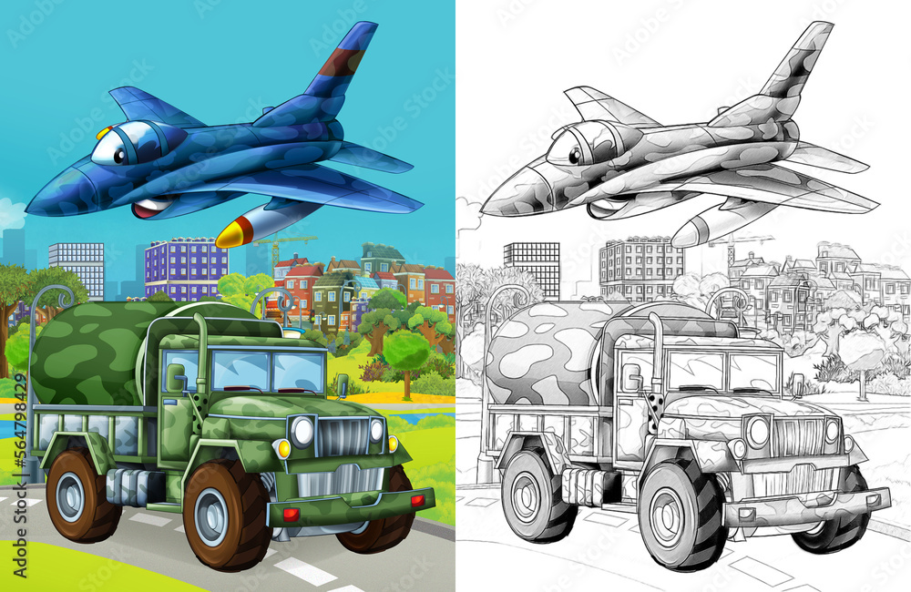 cartoon scene with military army different duty vehicles on the road ...
