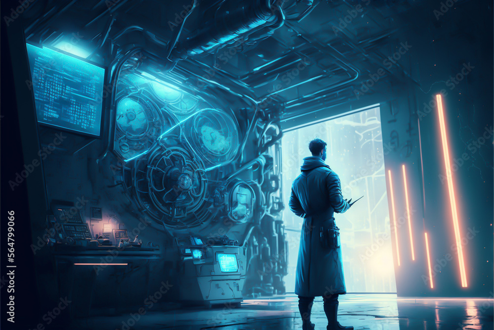 A scientist in a futuristic research center looks intently at a ...