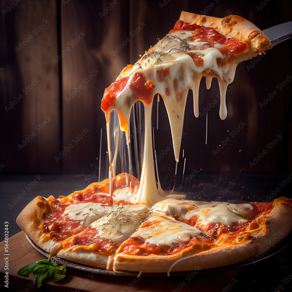 Delicious freshly cooked pizza with one piece torn off, sticky cheese ...