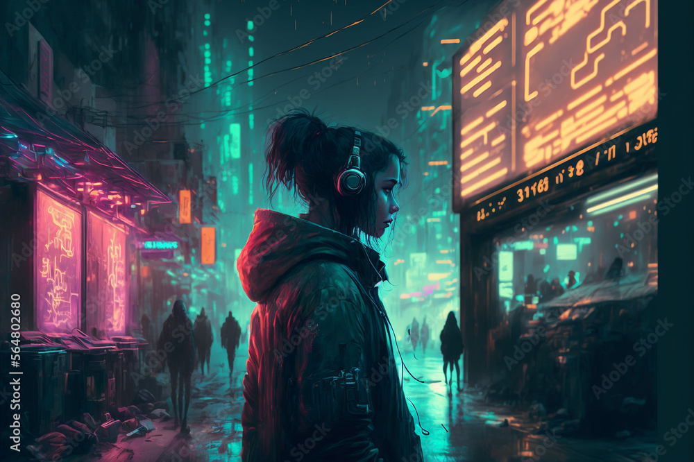 Sad Cyberpunk girl Stock Illustration | Adobe Stock