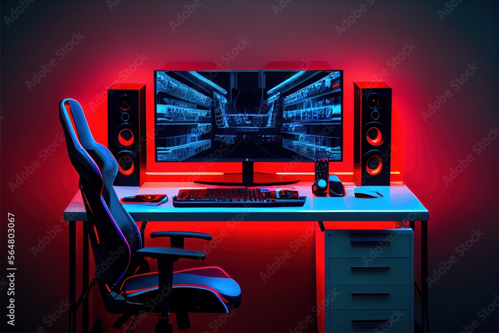 Gamers gaming place in neon colors, 3d realistic illustration. Gaming ...