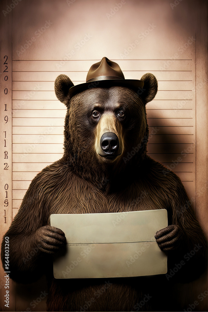 brown bear wearing a hat holding id sign for mugshot wildlife jail room ...