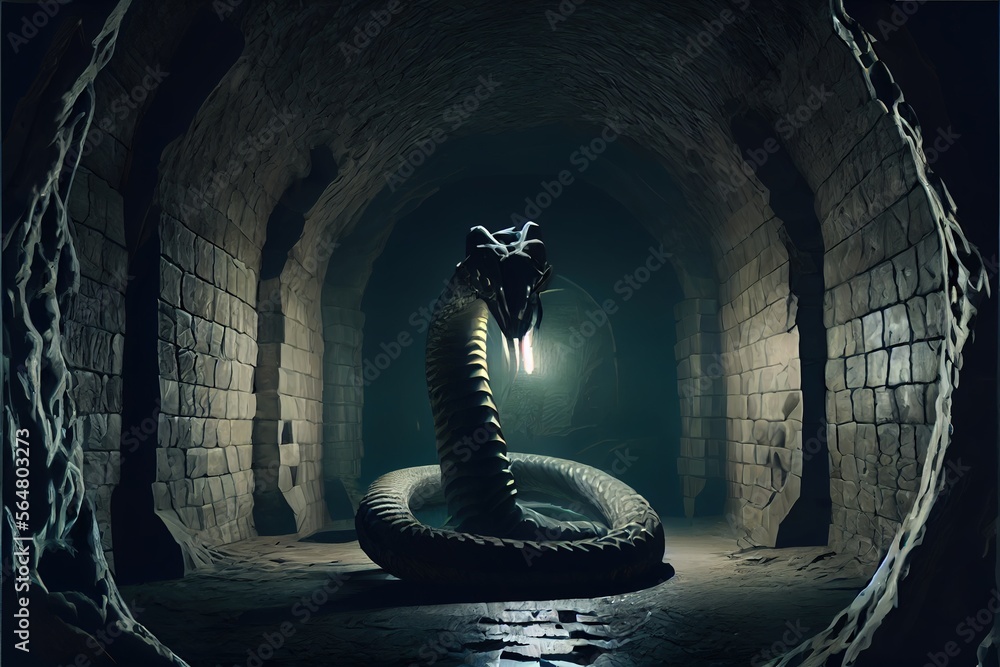Terrible snake monster with a huge head in the underground catacombs or ...