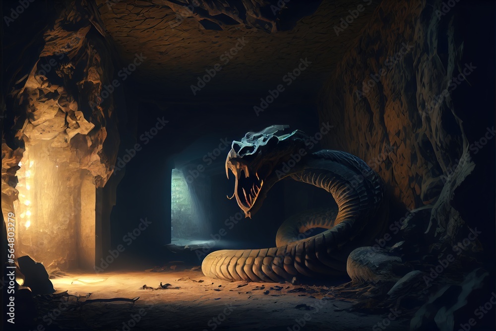Terrible snake monster with a huge head in the underground catacombs or ...