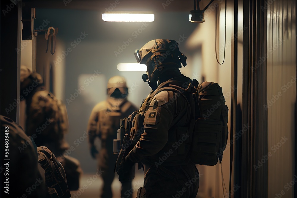 Military Soldiers in full gear are in the building, preparing to attack ...