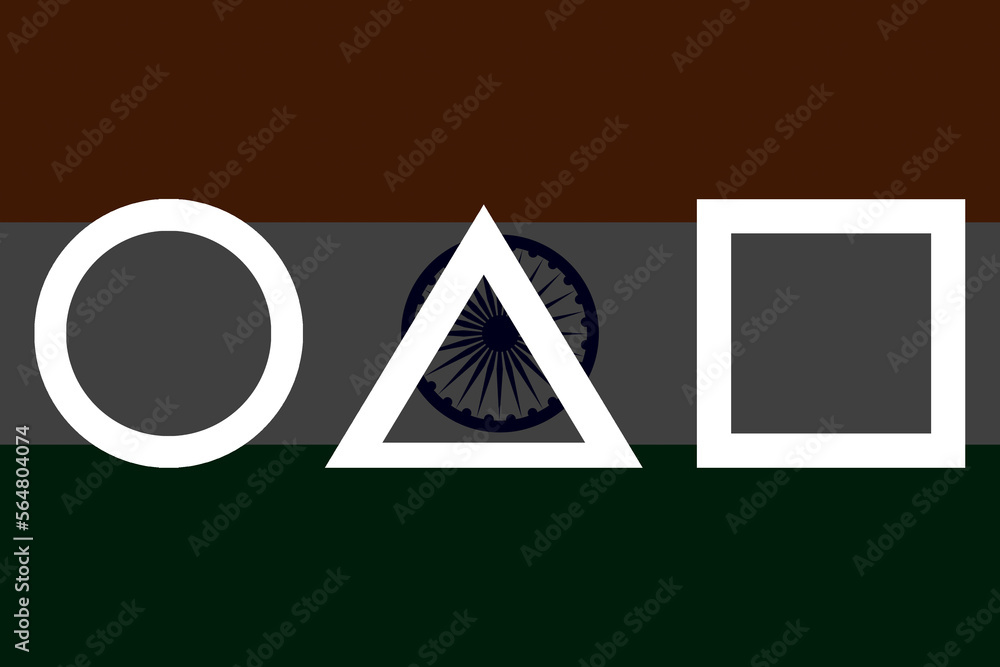 India flag with Ojingeo geim symbols. Squid Game symbol on background ...