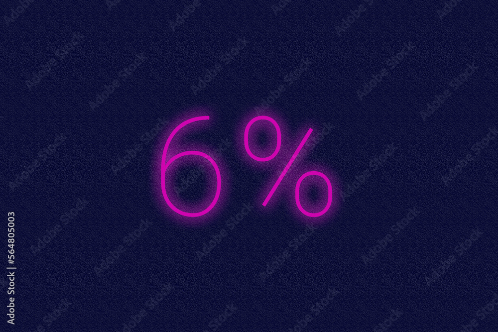 6% percent logo. six percent neon sign. Number six on dark purple ...