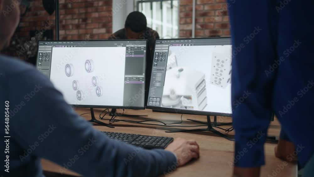 modern project office, engineer creating 3d model of engine for ...