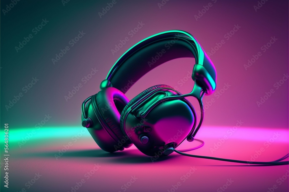 vintage black headphones on a flat surface, gamer, neon colors gradient ...