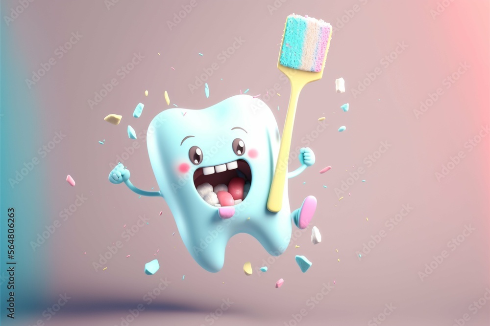 cute tooth eating, holding giant toothbrush, open mouth, happy ...