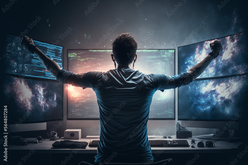 Gamer boy in front of his computer screens punching the air after a ...