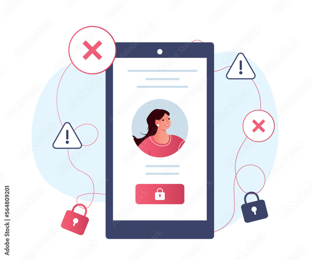 Blocked account concept. Young girl on smartphone screen. Internet ...