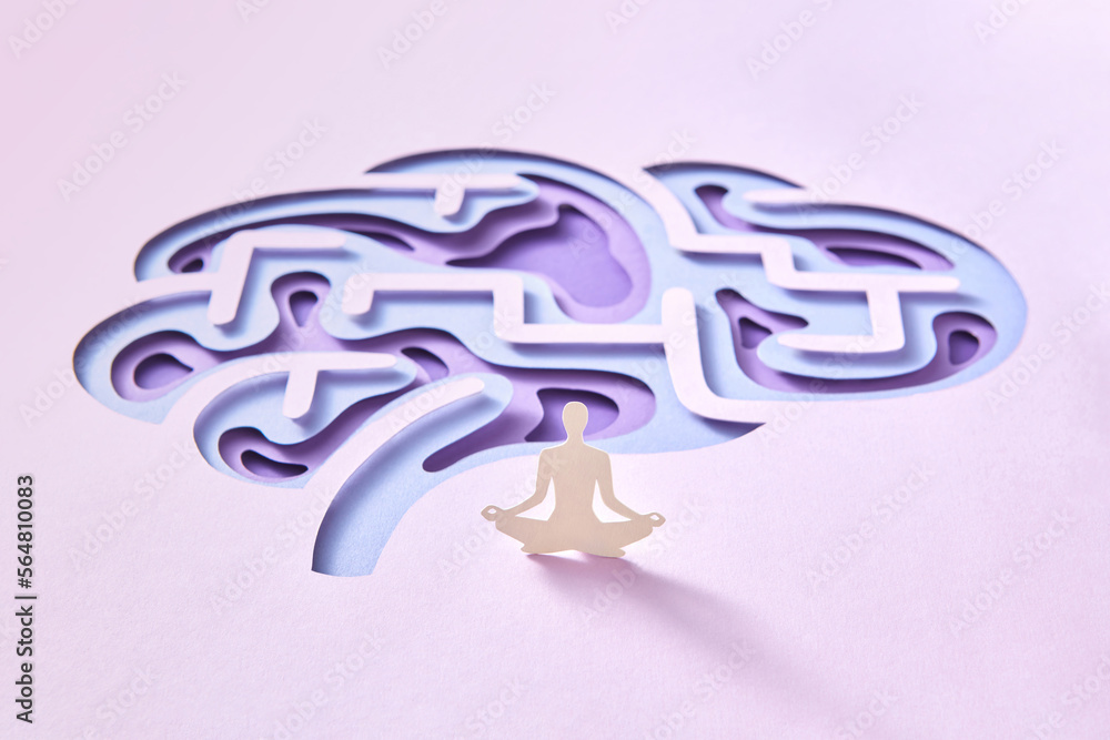 Paper silhouette in lotus pose in front of brain. Stock Photo | Adobe Stock
