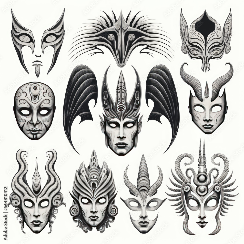 set of black and white masks helmets skull faces line drawing ...