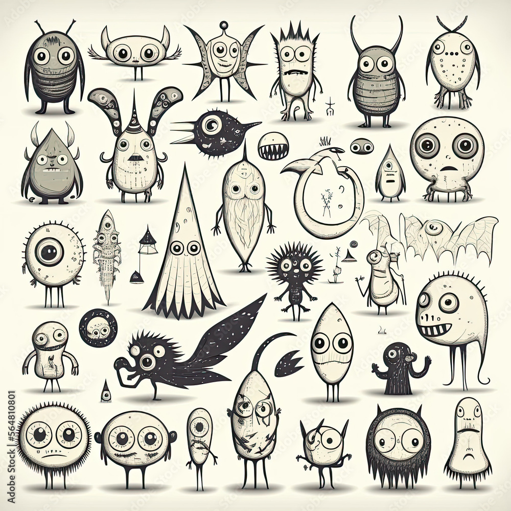 set of black and white doodle creatures and monsters illustration ...