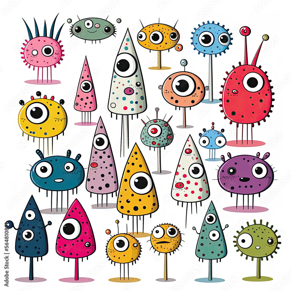 set of colorful cartoon polka dot creatures and monsters illustration ...