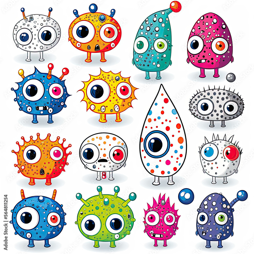 set of colorful cartoon polka dot creatures and monsters illustration ...