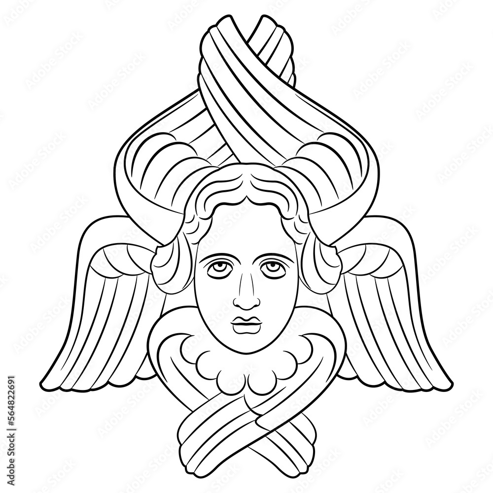 Head of Seraph or Seraphim. Face of an angel with six wings. Medieval ...