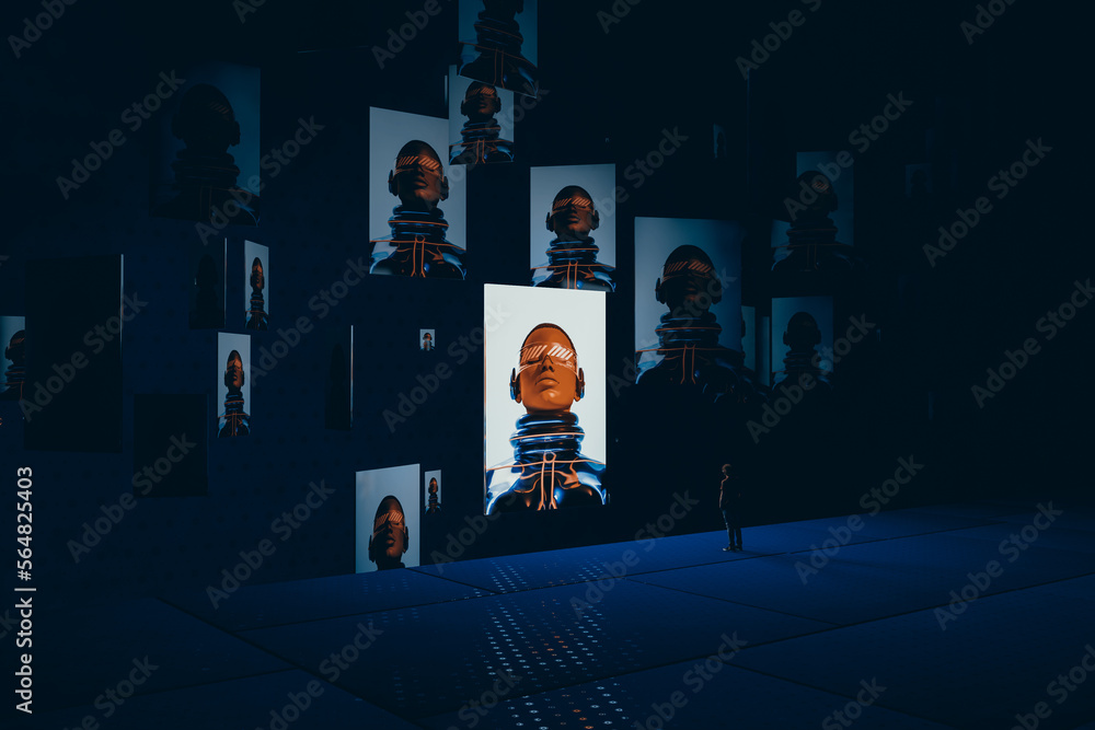 Man looking at digital screens about metaverse Stock Photo | Adobe Stock
