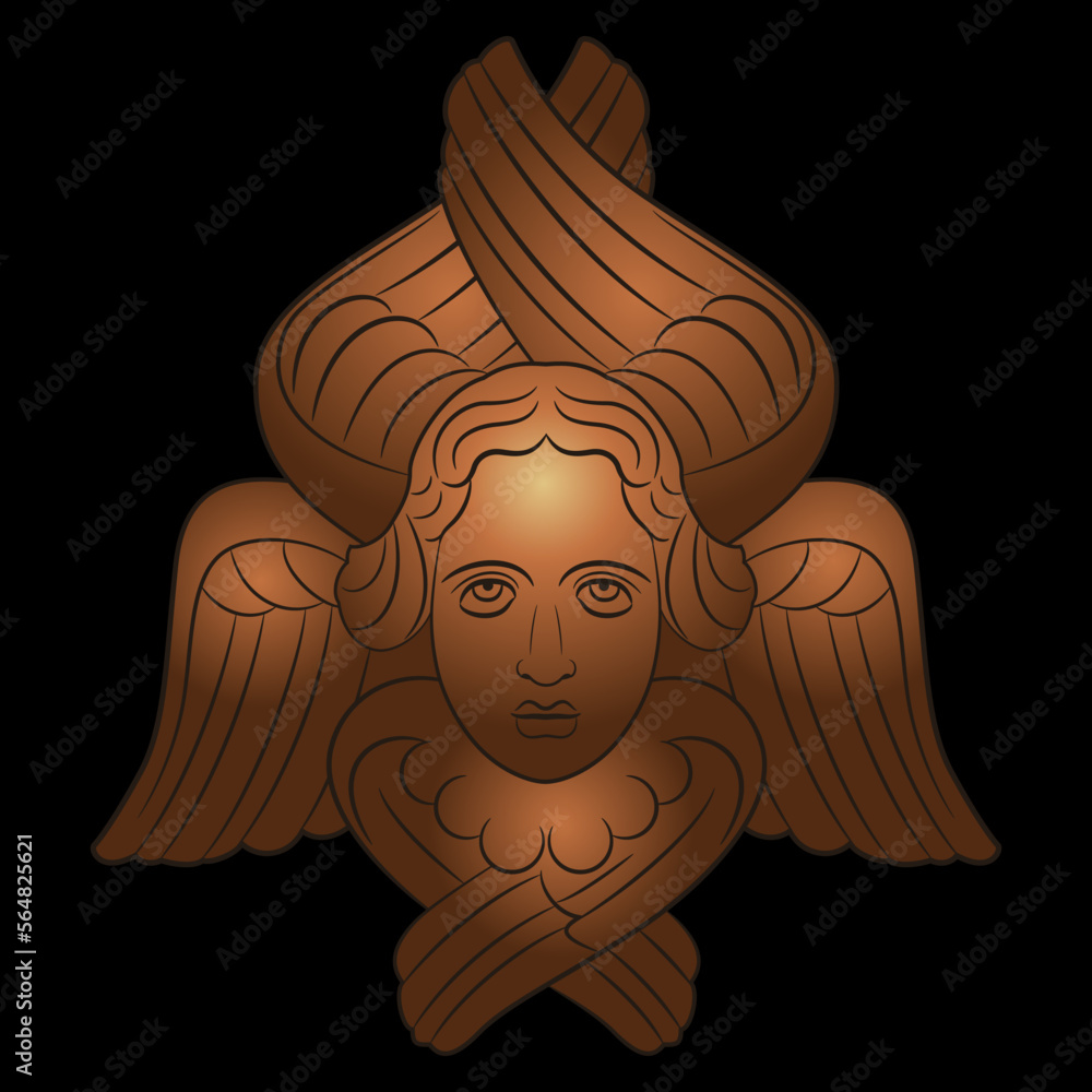 Head of Seraph or Seraphim. Face of an angel with six wings. Medieval ...