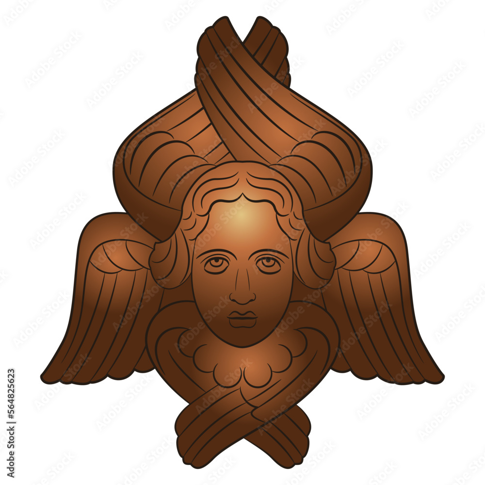 Head of Seraph or Seraphim. Face of an angel with six wings. Medieval ...