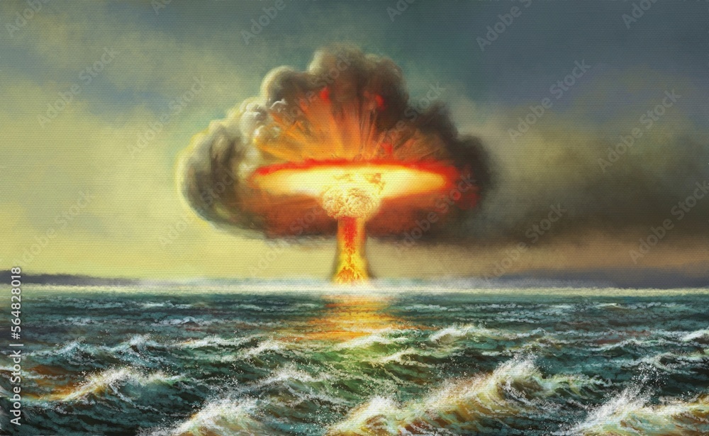 Oil paintings sea landscape, nuclear explosion, beautiful scenery ...