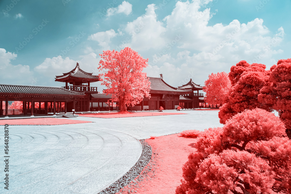 Infrared photography of traditional Chinese buildings and plants Stock ...