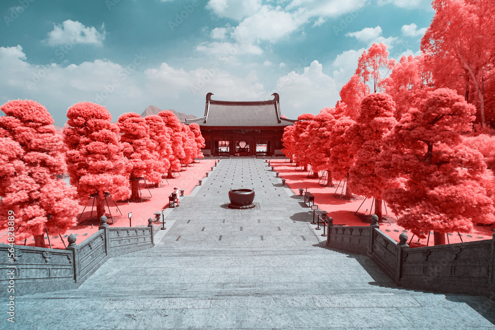 Infrared photography of traditional Chinese buildings and plants Stock ...