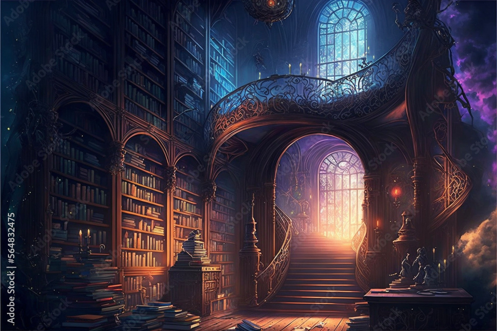 Fantasy Magical Library Generative AI Stock Illustration | Adobe Stock