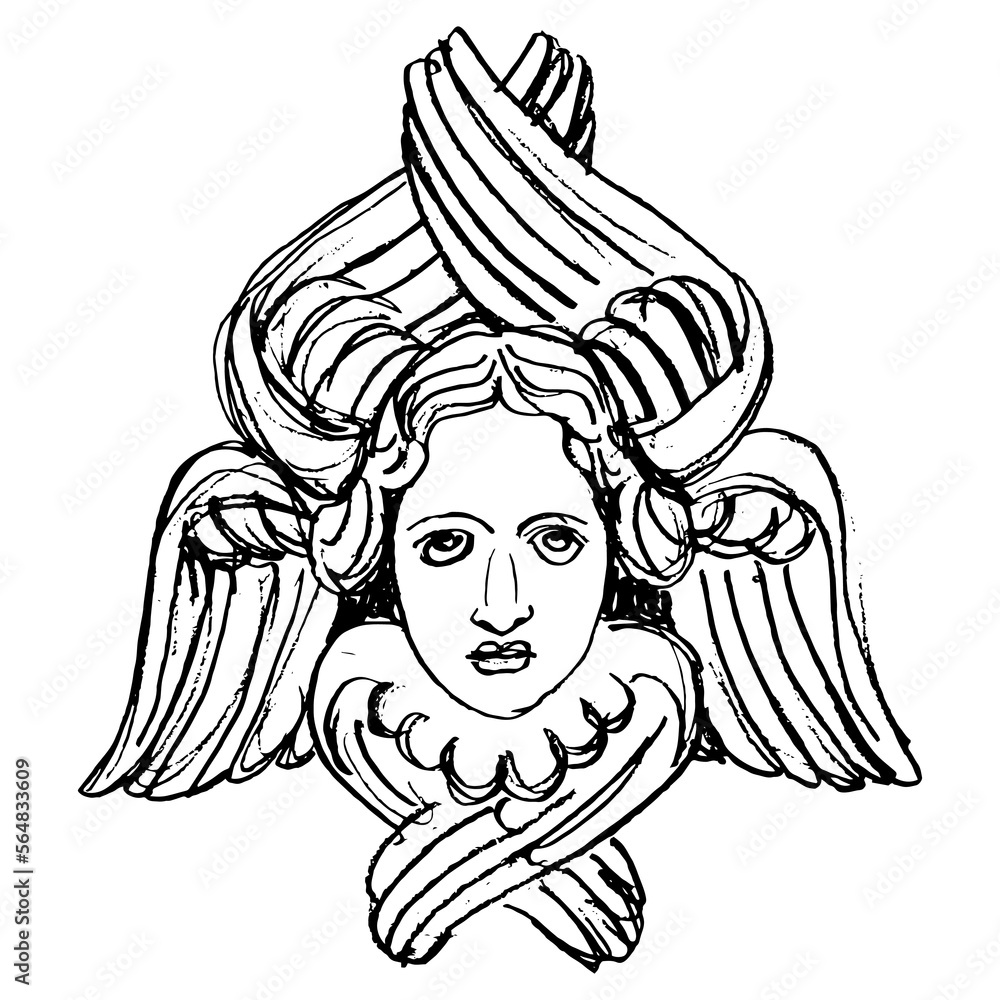 Head of Seraph or Seraphim. Face of an angel with six wings. Medieval ...