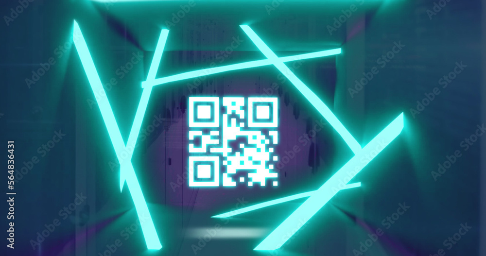 Image of qr code and neon shapes over computer servers Stock ...