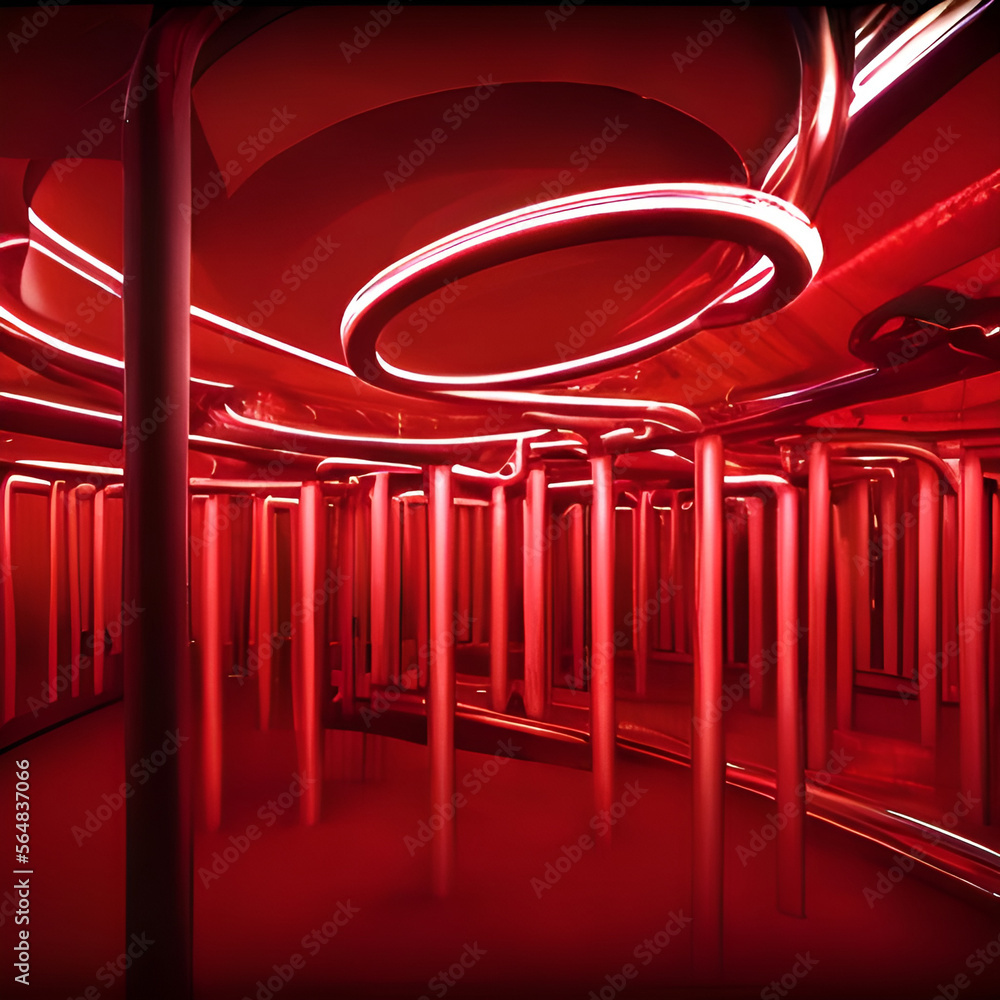 red lit up room with multiple red tubes and poles coming from different ...